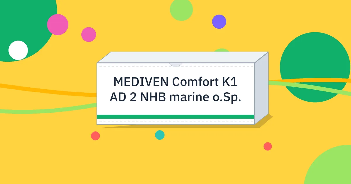 Symbolbild: Packung mit der Aufschrift MEDIVEN Comfort K1 AD 2 NHB marine o.Sp. (PZN 14560872) – Verfügbarkeit und Bezug in Apotheken in Frankfurt am Main