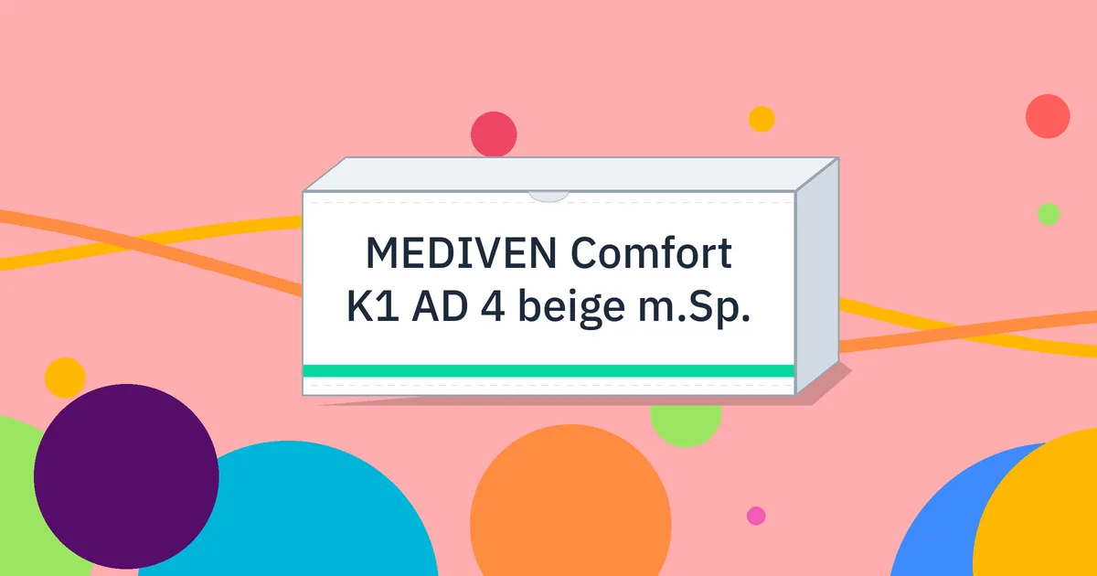 Symbolbild: Packung mit der Aufschrift MEDIVEN Comfort K1 AD 4 beige m.Sp. (PZN 14559461) – Verfügbarkeit und Bezug in Apotheken in Frankfurt am Main