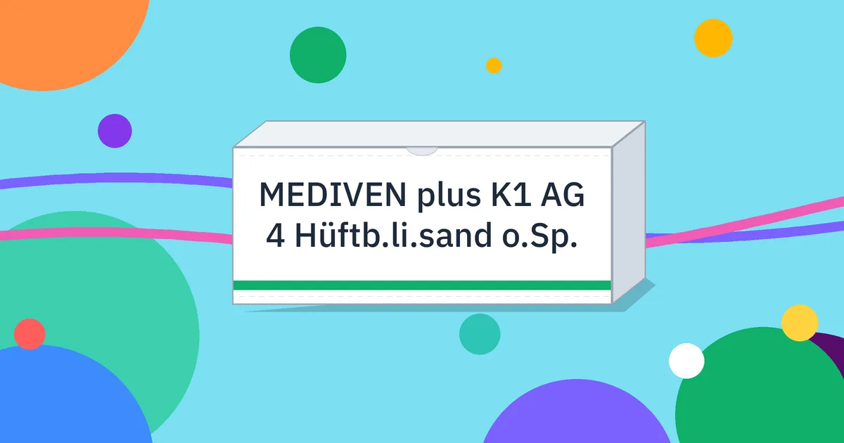 Symbolbild: Packung mit der Aufschrift MEDIVEN plus K1 AG 4 Hüftb.li.sand o.Sp. (PZN 18938617) – Verfügbarkeit und Bezug in Apotheken in Frankfurt am Main