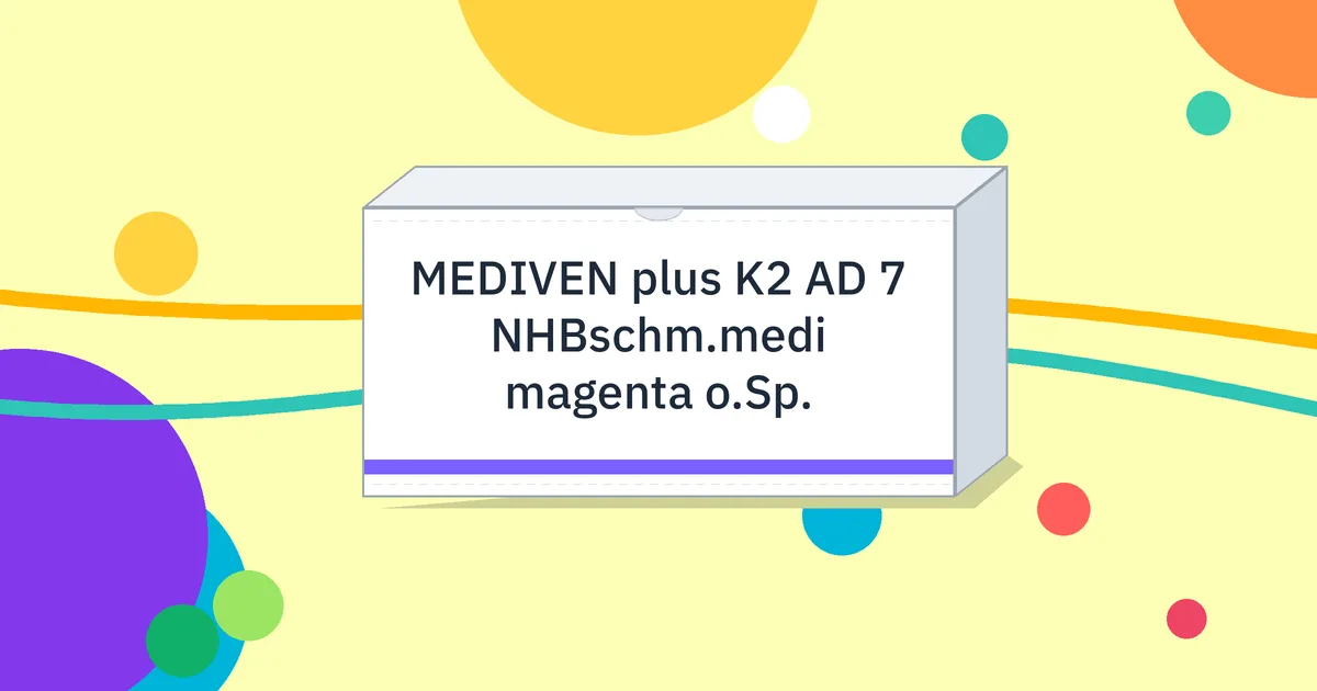 Symbolbild: Packung mit der Aufschrift MEDIVEN plus K2 AD 7 NHBschm.medi magenta o.Sp. (PZN 15938539) – Verfügbarkeit und Bezug in Apotheken in Frankfurt am Main