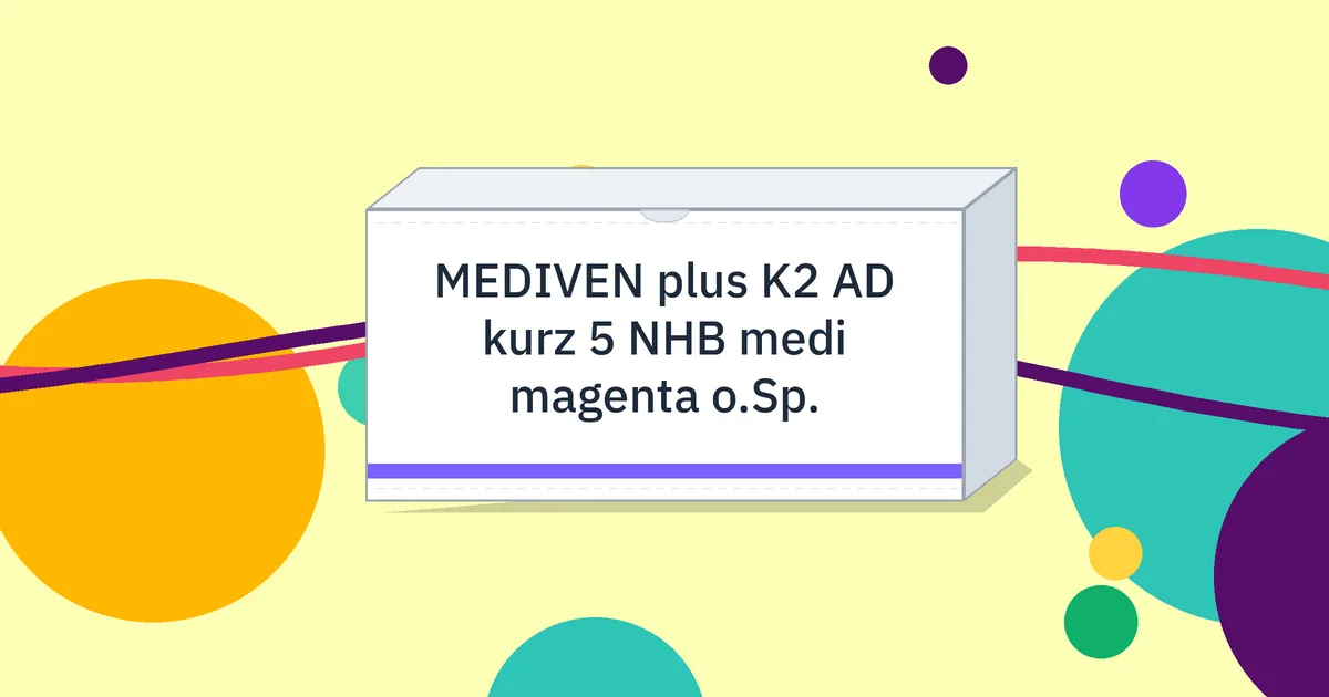 Symbolbild: Packung mit der Aufschrift MEDIVEN plus K2 AD kurz 5 NHB medi magenta o.Sp. (PZN 15925330) – Verfügbarkeit und Bezug in Apotheken in Frankfurt am Main