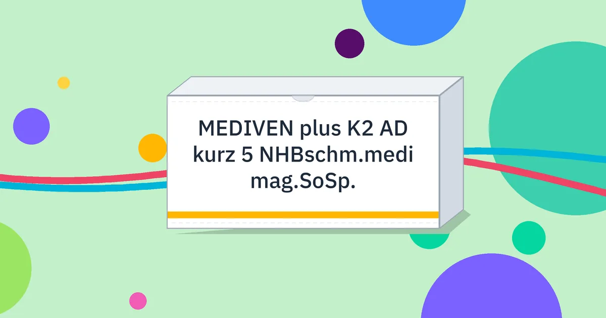 Symbolbild: Packung mit der Aufschrift MEDIVEN plus K2 AD kurz 5 NHBschm.medi mag.SoSp. (PZN 15926826) – Verfügbarkeit und Bezug in Apotheken in Frankfurt am Main