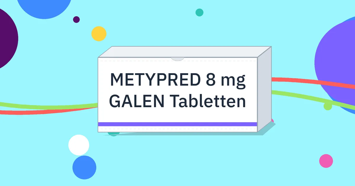 Symbolbild: Packung mit der Aufschrift METYPRED 8 mg GALEN Tabletten (PZN 12340971) – Verfügbarkeit und Bezug in Apotheken in Frankfurt am Main