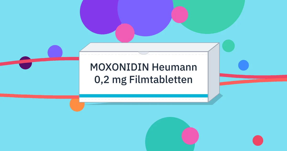Symbolbild: Packung mit der Aufschrift MOXONIDIN Heumann 0,2 mg Filmtabletten (PZN 00237943) – Verfügbarkeit und Bezug in Apotheken in Frankfurt am Main