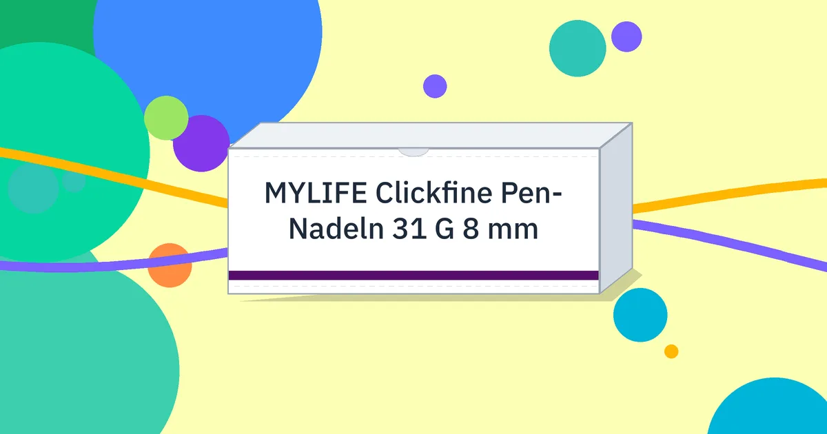 Symbolbild: Packung mit der Aufschrift MYLIFE Clickfine Pen-Nadeln 31 G 8 mm (PZN 07695844) – Verfügbarkeit und Bezug in Apotheken in Frankfurt am Main