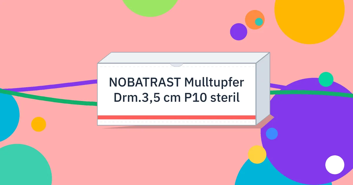 Symbolbild: Packung mit der Aufschrift NOBATRAST Mulltupfer Drm.3,5 cm P10 steril (PZN 16945725) – Verfügbarkeit und Bezug in Apotheken in Frankfurt am Main
