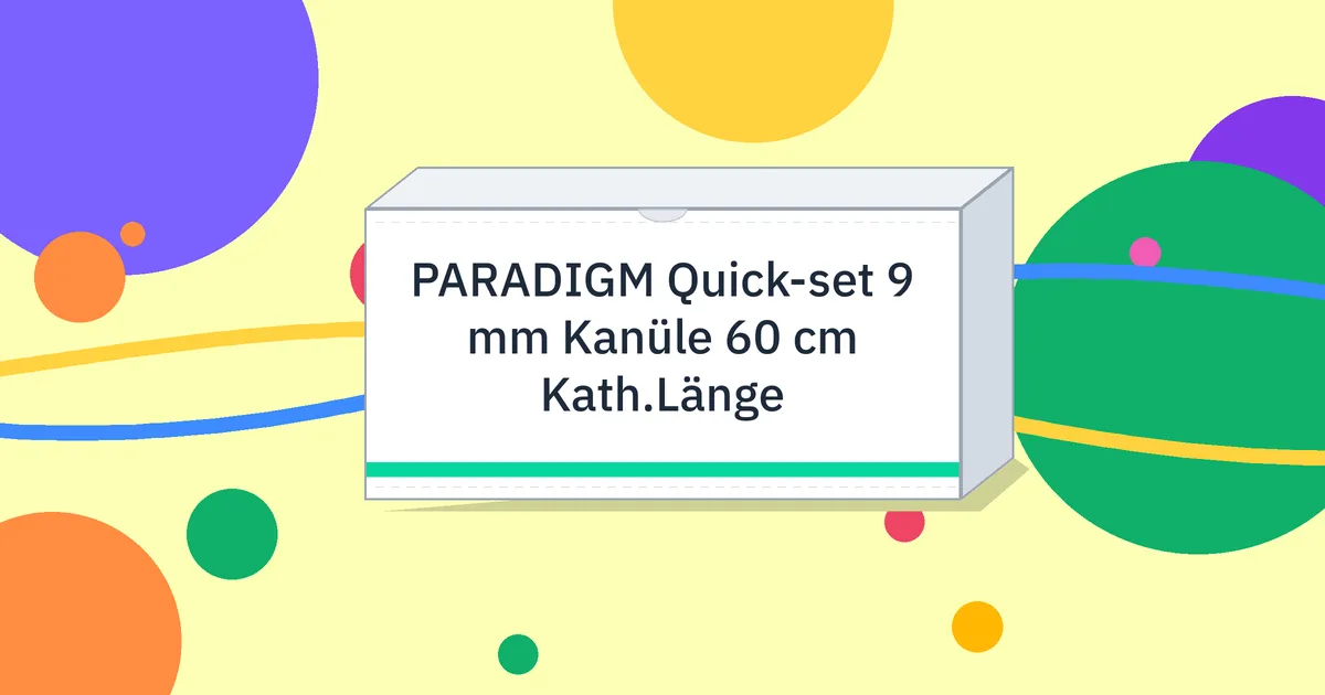 Symbolbild: Packung mit der Aufschrift PARADIGM Quick-set 9 mm Kanüle 60 cm Kath.Länge (PZN 01347846) – Verfügbarkeit und Bezug in Apotheken in Frankfurt am Main