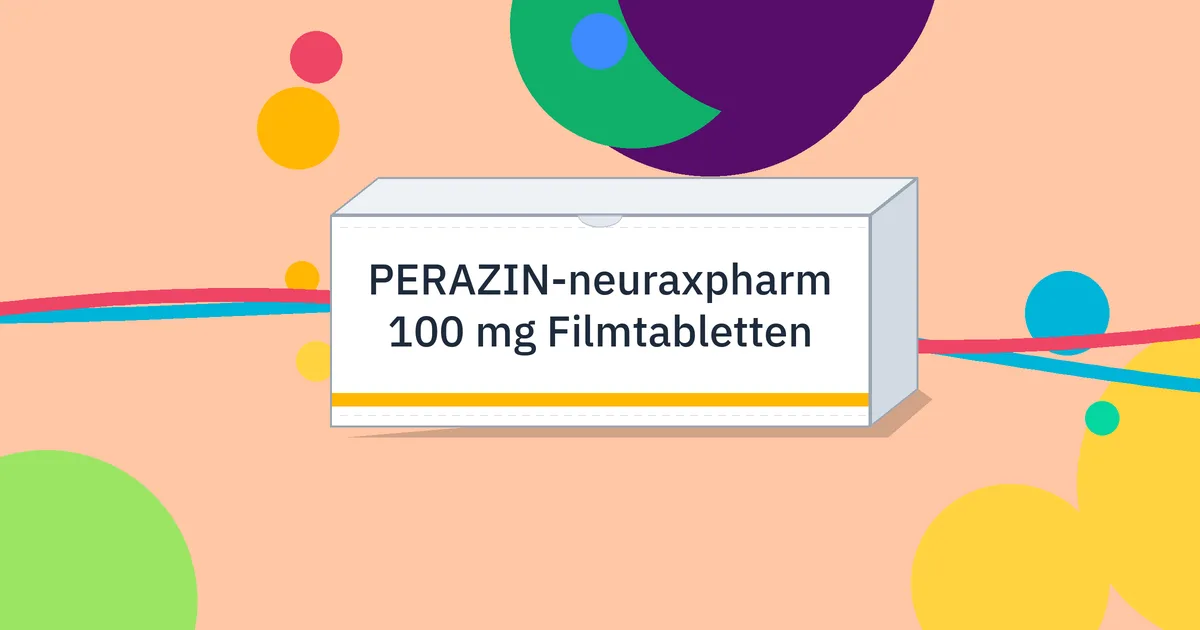 Symbolbild: Packung mit der Aufschrift PERAZIN-neuraxpharm 100 mg Filmtabletten (PZN 06867438) – Verfügbarkeit und Bezug in Apotheken in Frankfurt am Main