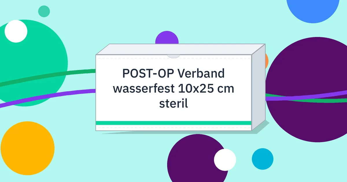 Symbolbild: Packung mit der Aufschrift POST-OP Verband wasserfest 10x25 cm steril (PZN 17562475) – Verfügbarkeit und Bezug in Apotheken in Frankfurt am Main