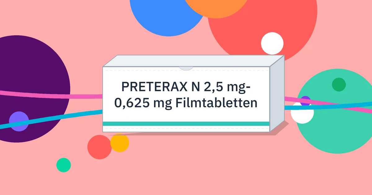 Symbolbild: Packung mit der Aufschrift PRETERAX N 2,5 mg-0,625 mg Filmtabletten (PZN 08407592) – Verfügbarkeit und Bezug in Apotheken in Frankfurt am Main