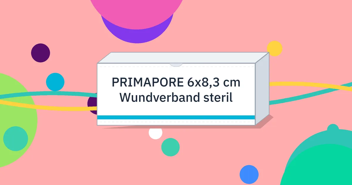 Symbolbild: Packung mit der Aufschrift PRIMAPORE 6x8,3 cm Wundverband steril (PZN 13422412) – Verfügbarkeit und Bezug in Apotheken in Frankfurt am Main
