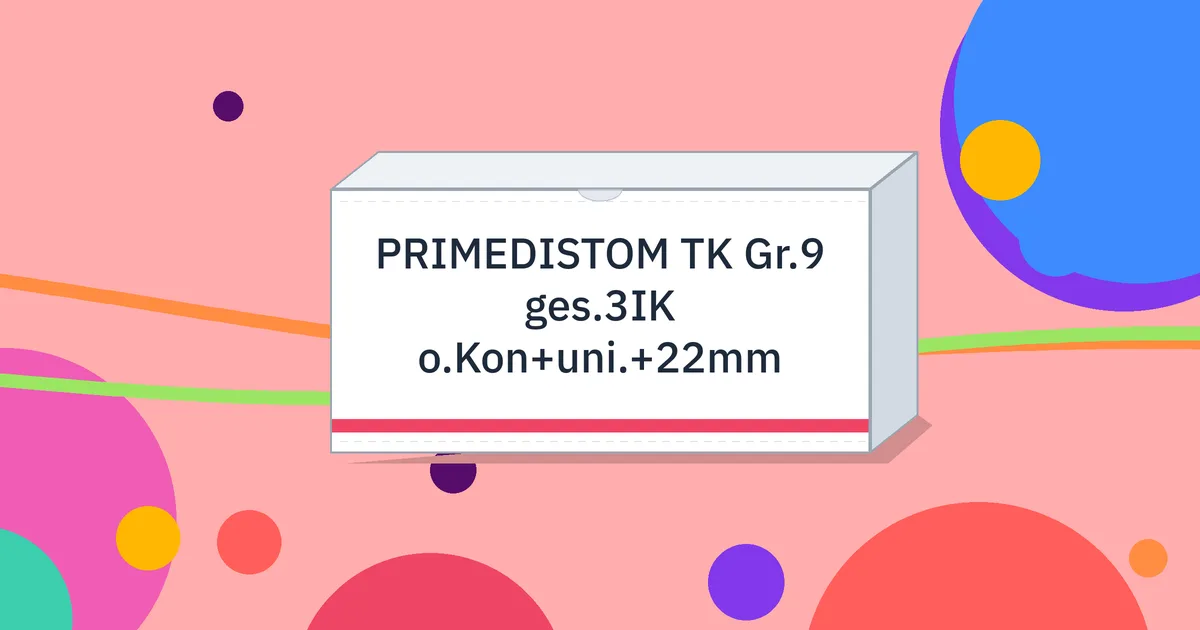 Symbolbild: Packung mit der Aufschrift PRIMEDISTOM TK Gr.9 ges.3IK o.Kon+uni.+22mm (PZN 10209416) – Verfügbarkeit und Bezug in Apotheken in Frankfurt am Main