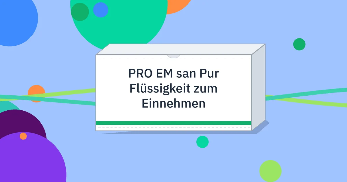 Symbolbild: Packung mit der Aufschrift PRO EM san Pur Flüssigkeit zum Einnehmen (PZN 16047653) – Verfügbarkeit und Bezug in Apotheken in Frankfurt am Main