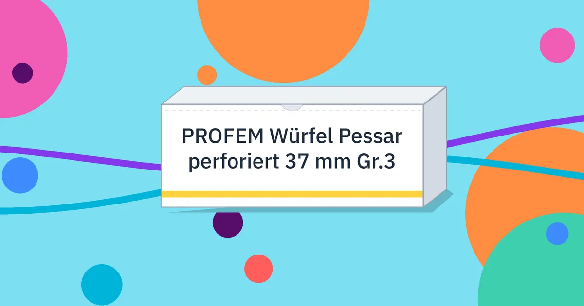 Symbolbild: Packung mit der Aufschrift PROFEM Würfel Pessar perforiert 37 mm Gr.3 (PZN 11672990) – Verfügbarkeit und Bezug in Apotheken in Frankfurt am Main