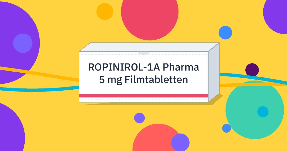 Symbolbild: Packung mit der Aufschrift ROPINIROL-1A Pharma 5 mg Filmtabletten (PZN 09062534) – Verfügbarkeit und Bezug in Apotheken in Frankfurt am Main