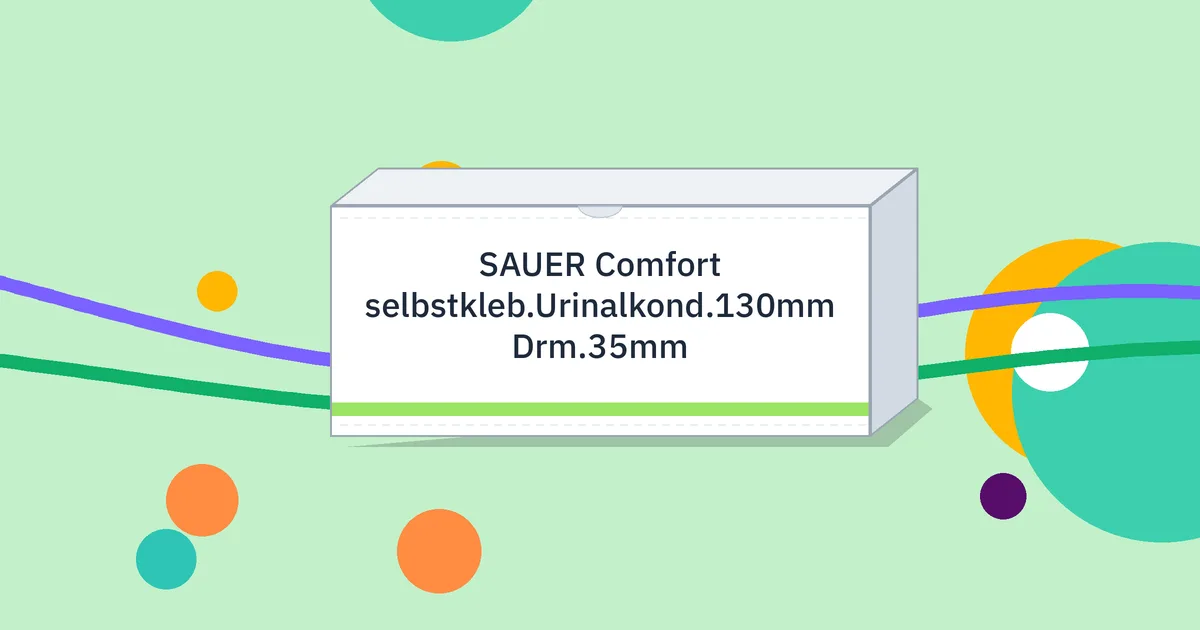 Symbolbild: Packung mit der Aufschrift SAUER Comfort selbstkleb.Urinalkond.130mm Drm.35mm (PZN 00464254) – Verfügbarkeit und Bezug in Apotheken in Frankfurt am Main