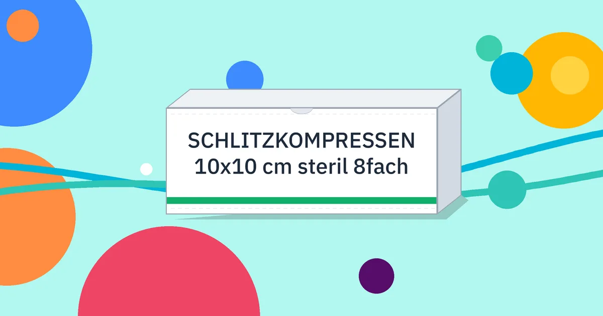 Symbolbild: Packung mit der Aufschrift SCHLITZKOMPRESSEN 10x10 cm steril 8fach (PZN 01023322) – Verfügbarkeit und Bezug in Apotheken in Frankfurt am Main
