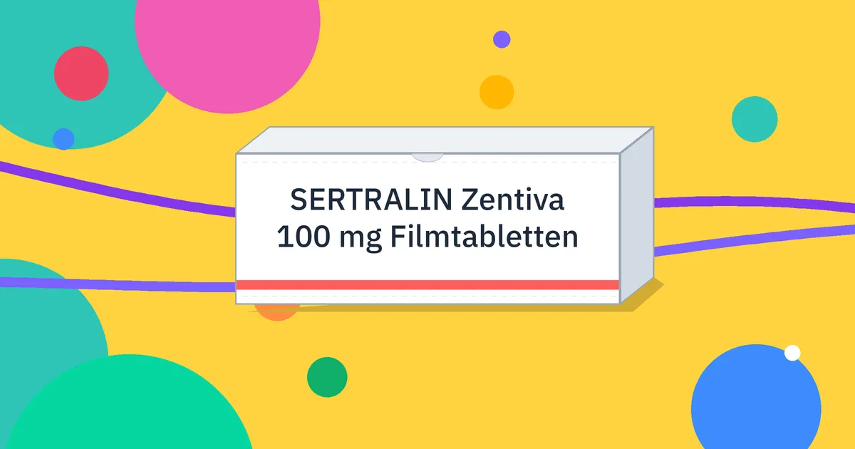 Symbolbild: Packung mit der Aufschrift SERTRALIN Zentiva 100 mg Filmtabletten (PZN 19834475) – Verfügbarkeit und Bezug in Apotheken in Frankfurt am Main