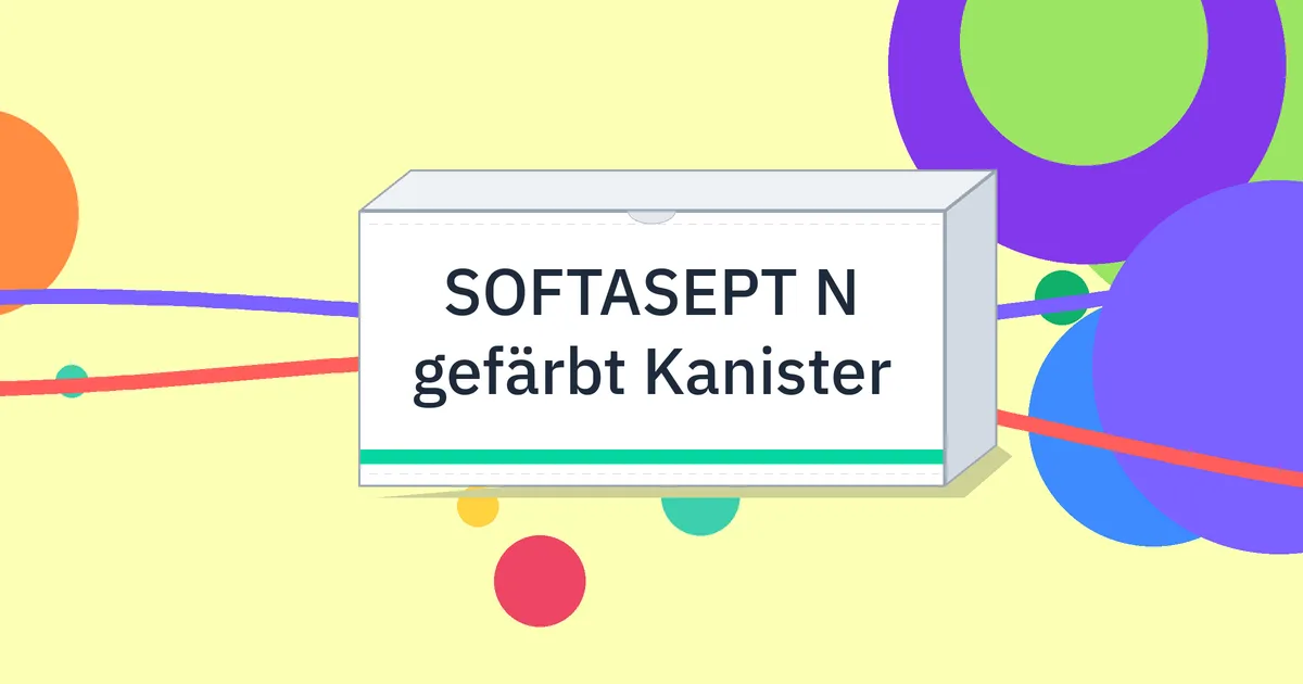 Symbolbild: Packung mit der Aufschrift SOFTASEPT N gefärbt Kanister (PZN 04345109) – Verfügbarkeit und Bezug in Apotheken in Frankfurt am Main