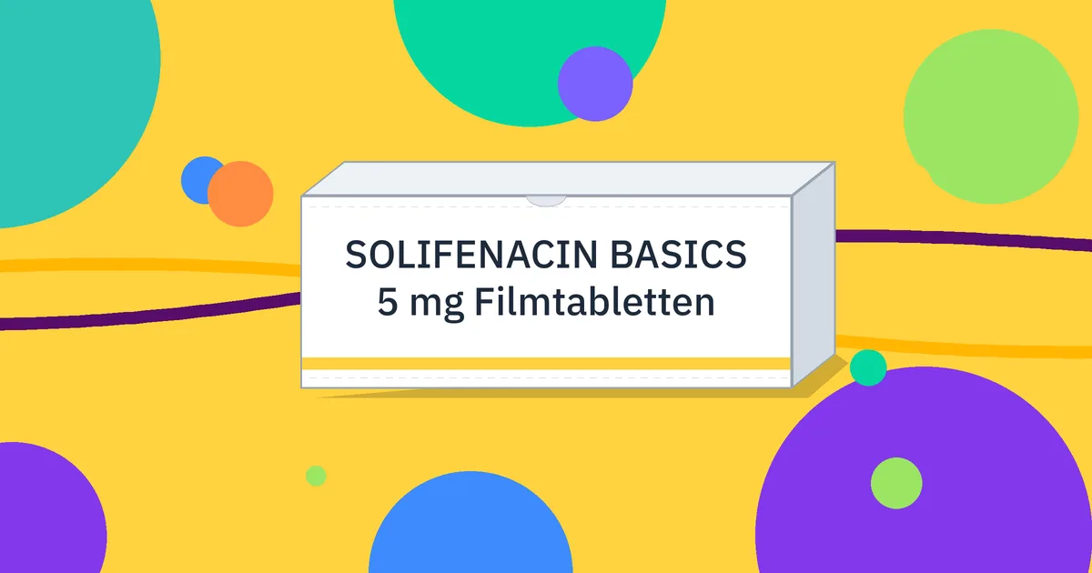 Symbolbild: Packung mit der Aufschrift SOLIFENACIN BASICS 5 mg Filmtabletten (PZN 15616907) – Verfügbarkeit und Bezug in Apotheken in Frankfurt am Main