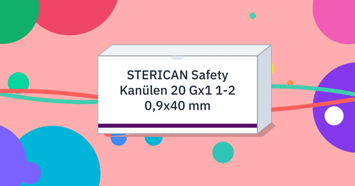 Symbolbild: Packung mit der Aufschrift STERICAN Safety Kanülen 20 Gx1 1-2 0,9x40 mm (PZN 18472432) – Verfügbarkeit und Bezug in Apotheken in Frankfurt am Main
