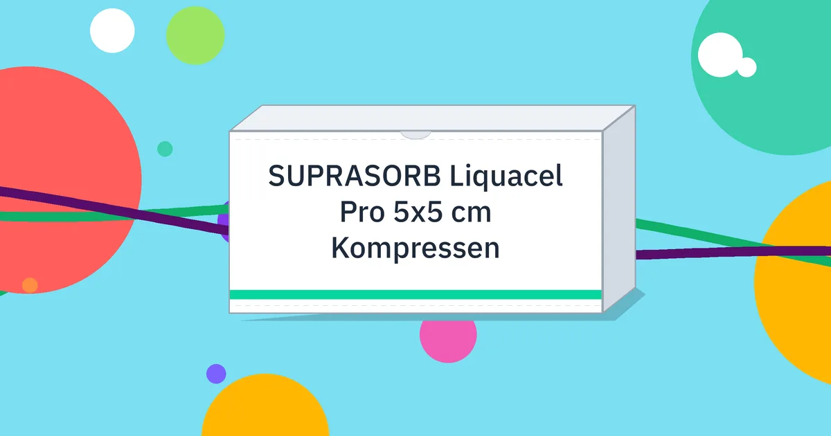 Symbolbild: Packung mit der Aufschrift SUPRASORB Liquacel Pro 5x5 cm Kompressen (PZN 19637674) – Verfügbarkeit und Bezug in Apotheken in Frankfurt am Main