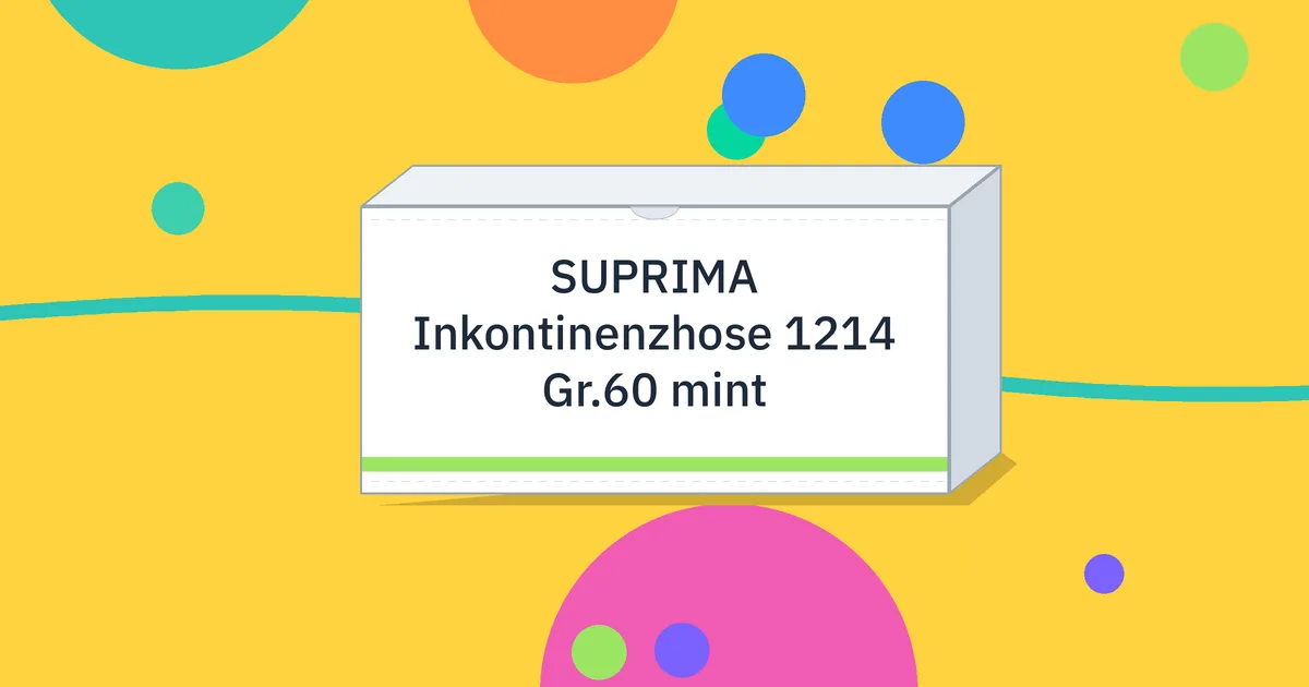 Symbolbild: Packung mit der Aufschrift SUPRIMA Inkontinenzhose 1214 Gr.60 mint (PZN 07633487) – Verfügbarkeit und Bezug in Apotheken in Frankfurt am Main