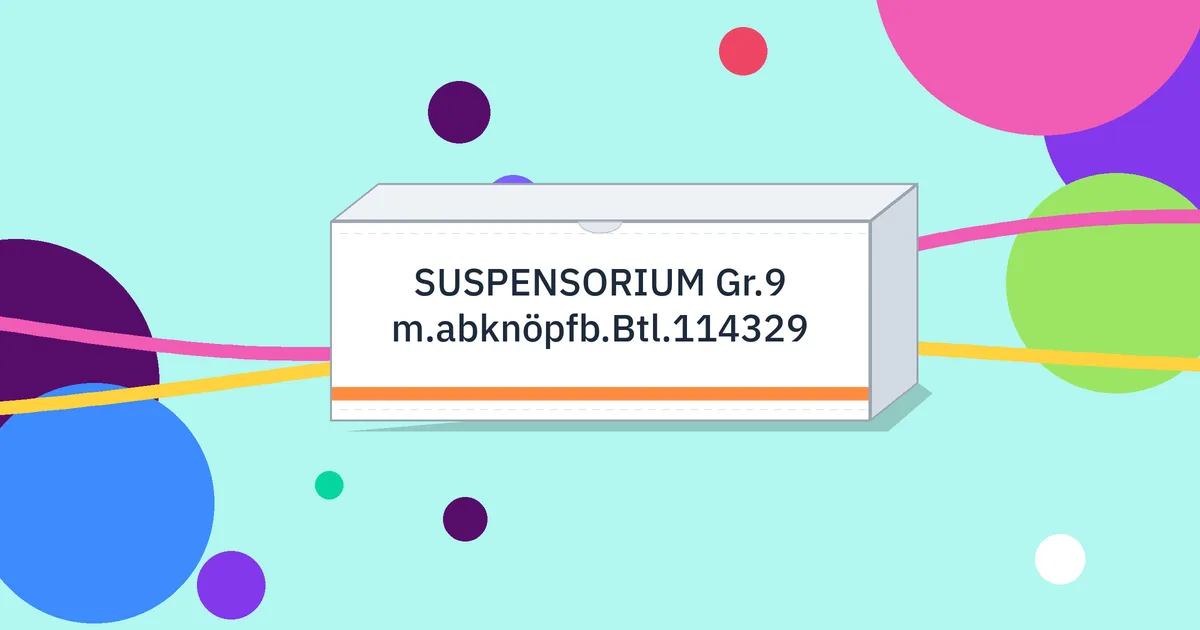 Symbolbild: Packung mit der Aufschrift SUSPENSORIUM Gr.9 m.abknöpfb.Btl.114329 (PZN 03230746) – Verfügbarkeit und Bezug in Apotheken in Frankfurt am Main