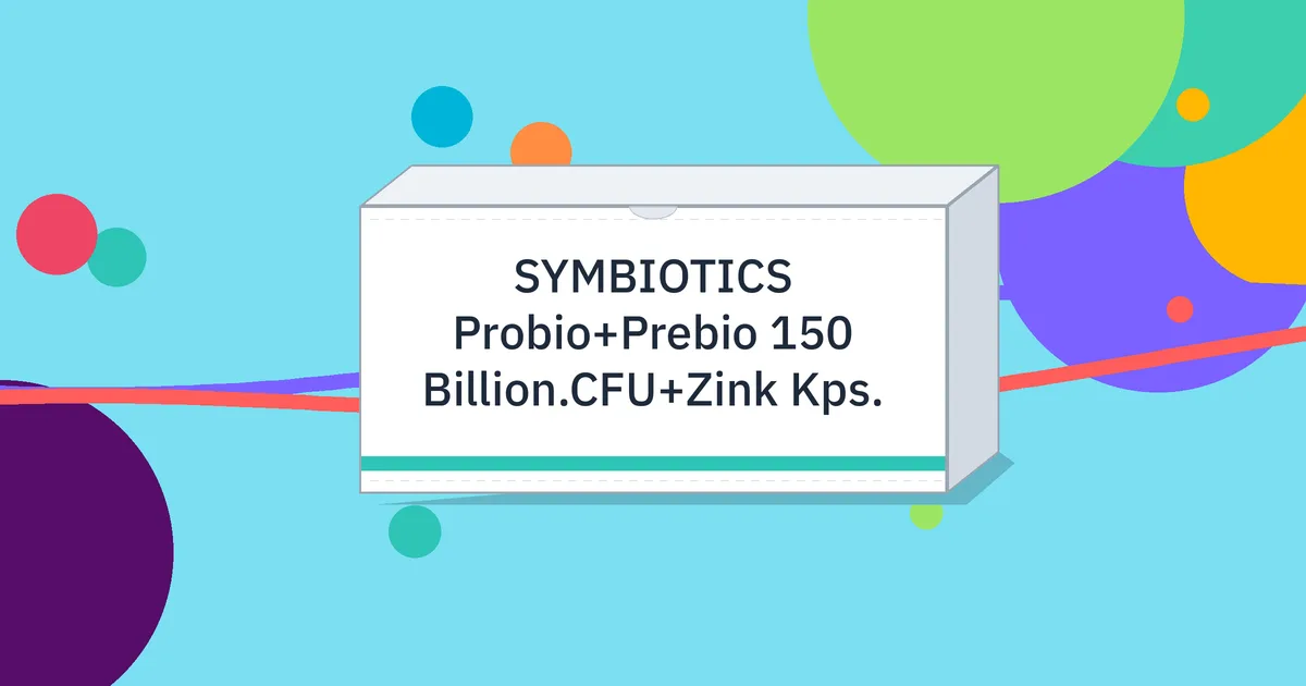 Symbolbild: Packung mit der Aufschrift SYMBIOTICS Probio+Prebio 150 Billion.CFU+Zink Kps. (PZN 18601361) – Verfügbarkeit und Bezug in Apotheken in Frankfurt am Main