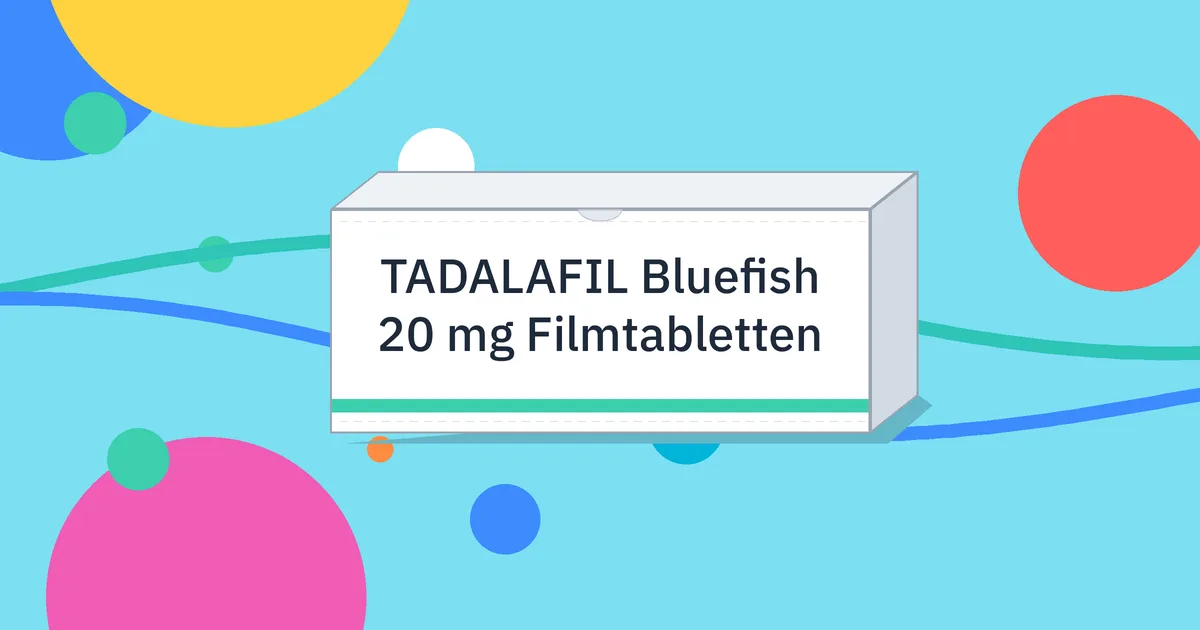 Symbolbild: Packung mit der Aufschrift TADALAFIL Bluefish 20 mg Filmtabletten (PZN 19998834) – Verfügbarkeit und Bezug in Apotheken in Frankfurt am Main