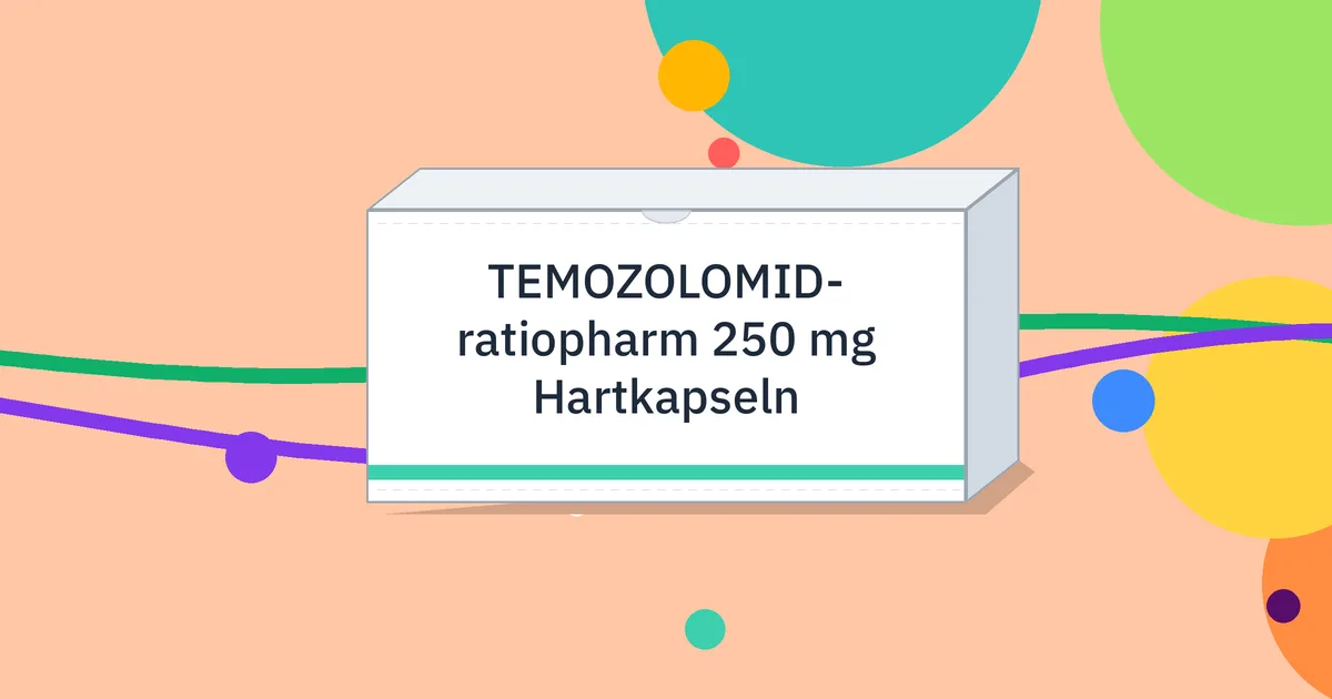 Symbolbild: Packung mit der Aufschrift TEMOZOLOMID-ratiopharm 250 mg Hartkapseln (PZN 05884699) – Verfügbarkeit und Bezug in Apotheken in Frankfurt am Main