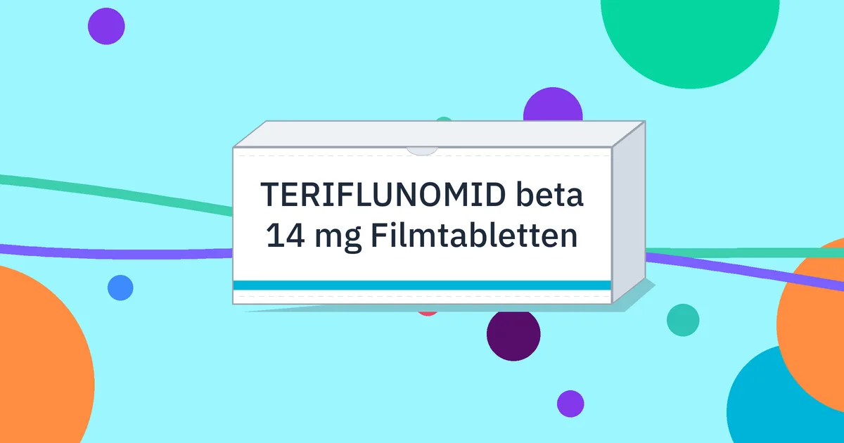 Symbolbild: Packung mit der Aufschrift TERIFLUNOMID beta 14 mg Filmtabletten (PZN 18723294) – Verfügbarkeit und Bezug in Apotheken in Frankfurt am Main