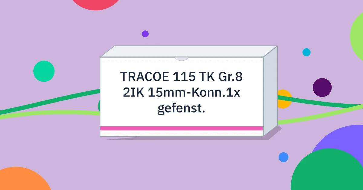 Symbolbild: Packung mit der Aufschrift TRACOE 115 TK Gr.8 2IK 15mm-Konn.1x gefenst. (PZN 00004593) – Verfügbarkeit und Bezug in Apotheken in Frankfurt am Main