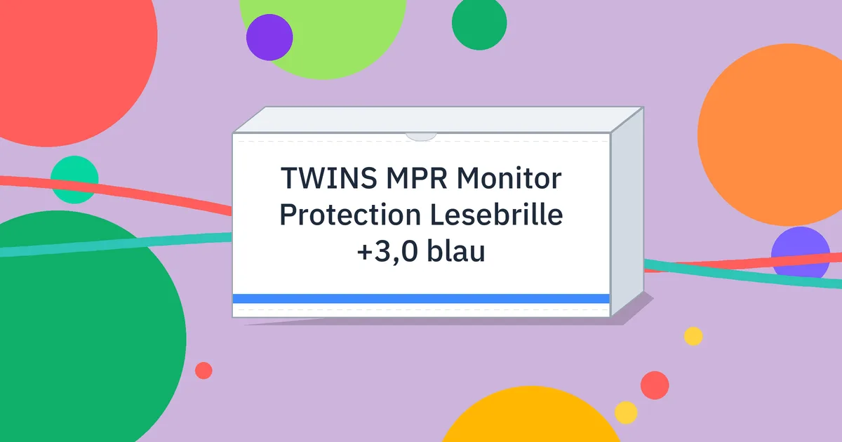 Symbolbild: Packung mit der Aufschrift TWINS MPR Monitor Protection Lesebrille +3,0 blau (PZN 13344379) – Verfügbarkeit und Bezug in Apotheken in Frankfurt am Main