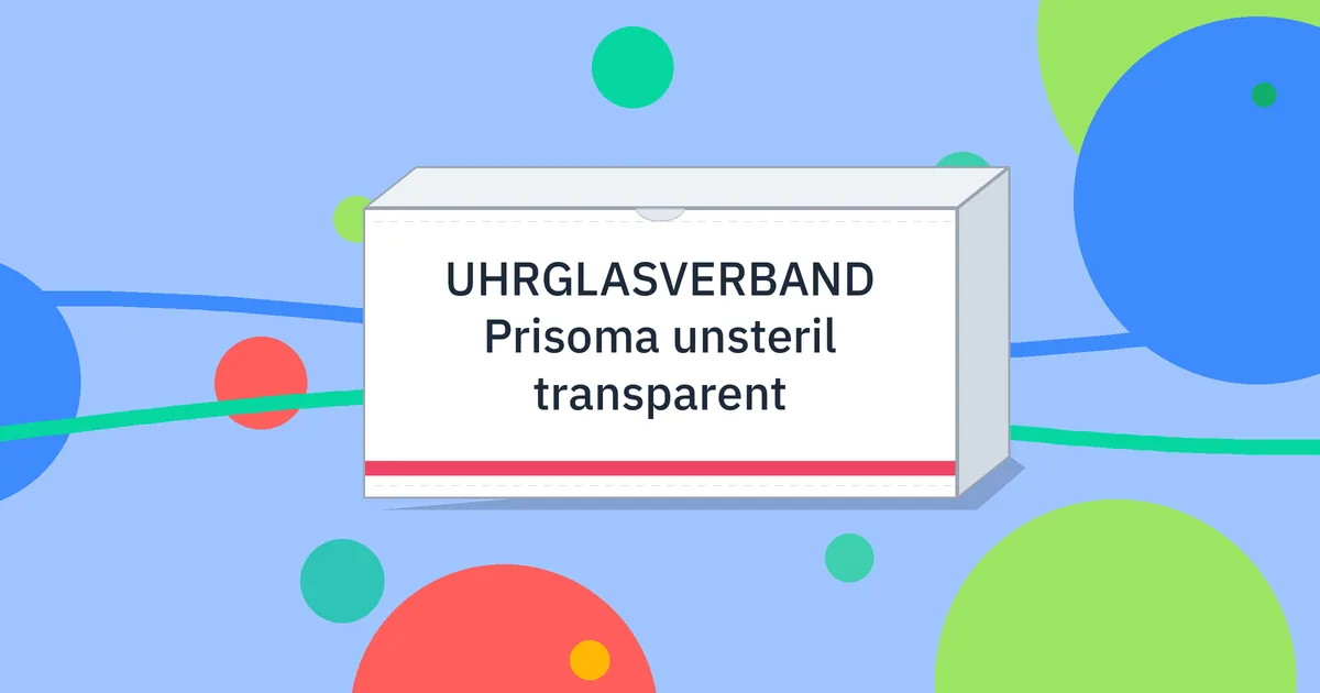 Symbolbild: Packung mit der Aufschrift UHRGLASVERBAND Prisoma unsteril transparent (PZN 20121036) – Verfügbarkeit und Bezug in Apotheken in Frankfurt am Main