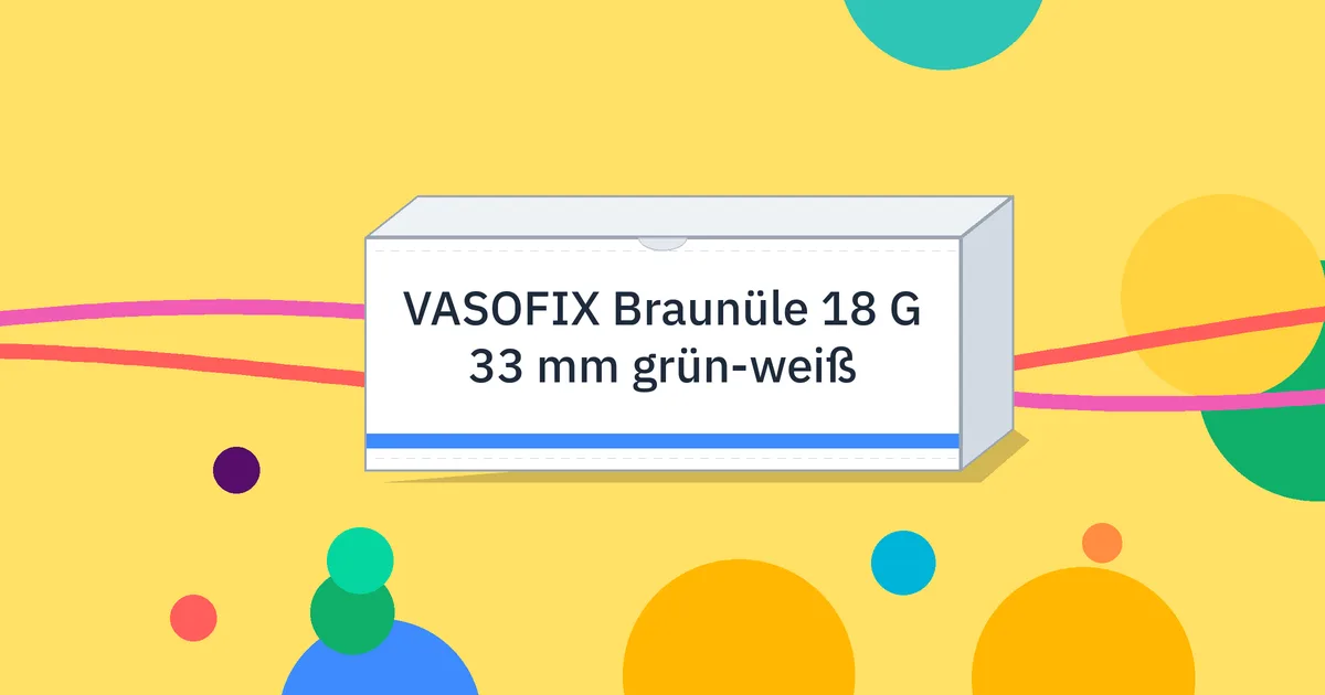 Symbolbild: Packung mit der Aufschrift VASOFIX Braunüle 18 G 33 mm grün-weiß (PZN 06176013) – Verfügbarkeit und Bezug in Apotheken in Frankfurt am Main