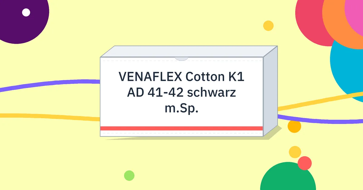 Symbolbild: Packung mit der Aufschrift VENAFLEX Cotton K1 AD 41-42 schwarz m.Sp. (PZN 18309005) – Verfügbarkeit und Bezug in Apotheken in Frankfurt am Main