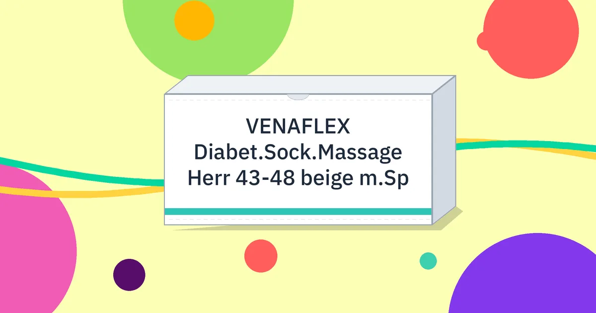 Symbolbild: Packung mit der Aufschrift VENAFLEX Diabet.Sock.Massage Herr 43-48 beige m.Sp (PZN 18309465) – Verfügbarkeit und Bezug in Apotheken in Frankfurt am Main
