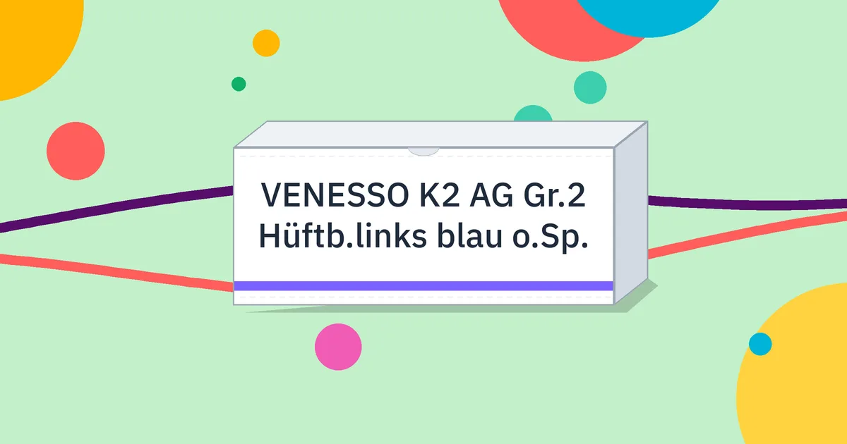 Symbolbild: Packung mit der Aufschrift VENESSO K2 AG Gr.2 Hüftb.links blau o.Sp. (PZN 03269145) – Verfügbarkeit und Bezug in Apotheken in Frankfurt am Main