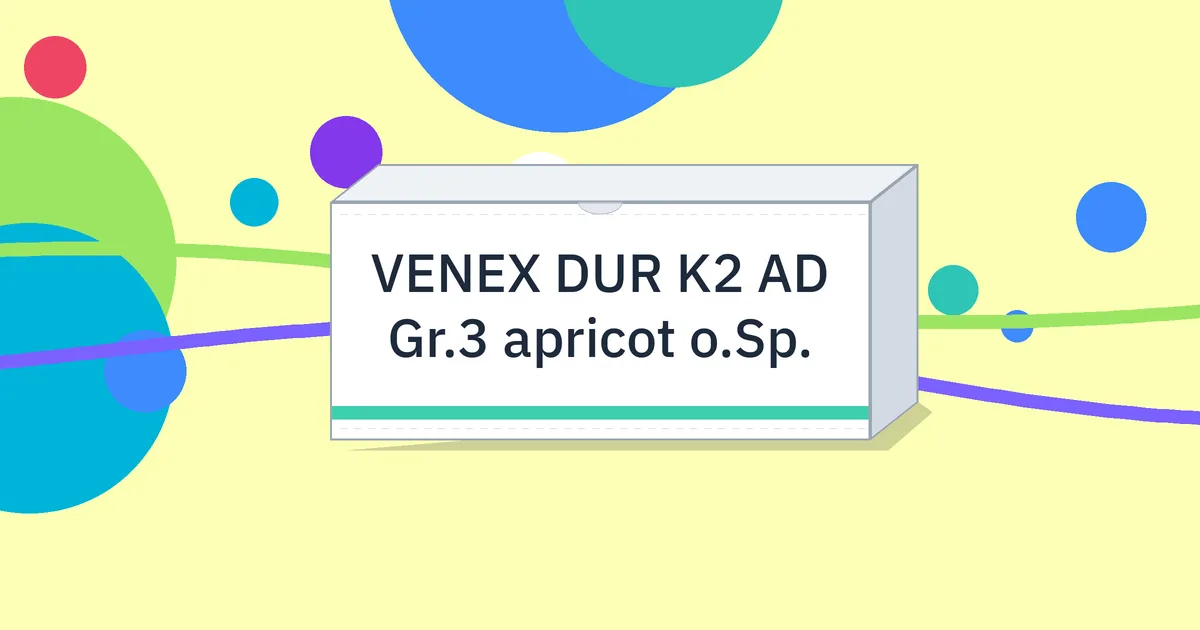 Symbolbild: Packung mit der Aufschrift VENEX DUR K2 AD Gr.3 apricot o.Sp. (PZN 03211453) – Verfügbarkeit und Bezug in Apotheken in Frankfurt am Main