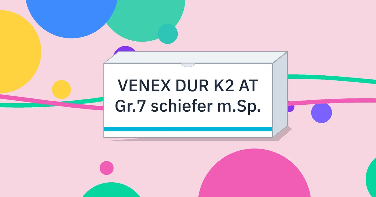 Symbolbild: Packung mit der Aufschrift VENEX DUR K2 AT Gr.7 schiefer m.Sp. (PZN 03222089) – Verfügbarkeit und Bezug in Apotheken in Frankfurt am Main
