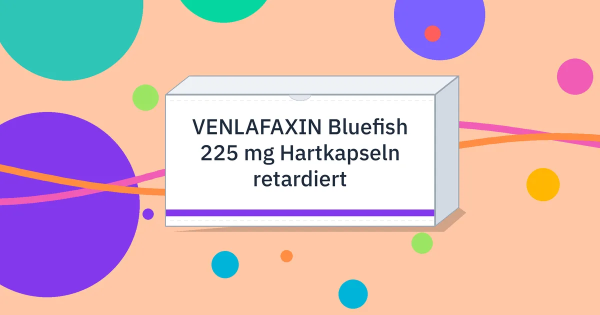 Symbolbild: Packung mit der Aufschrift VENLAFAXIN Bluefish 225 mg Hartkapseln retardiert (PZN 12389670) – Verfügbarkeit und Bezug in Apotheken in Frankfurt am Main
