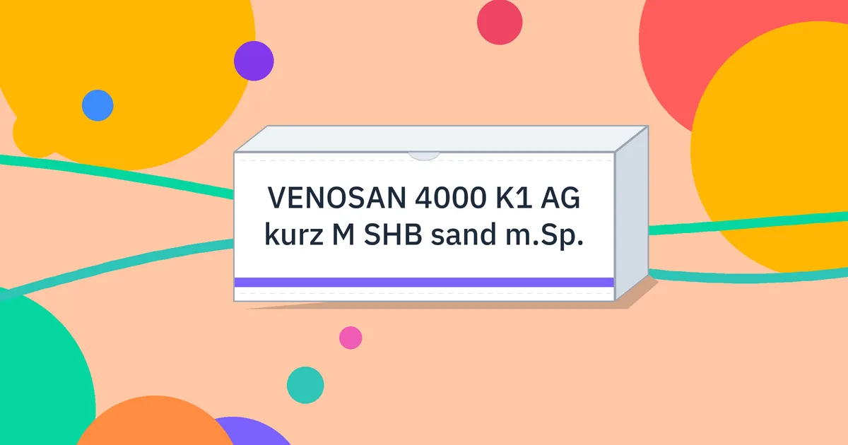Symbolbild: Packung mit der Aufschrift VENOSAN 4000 K1 AG kurz M SHB sand m.Sp. (PZN 14422176) – Verfügbarkeit und Bezug in Apotheken in Frankfurt am Main