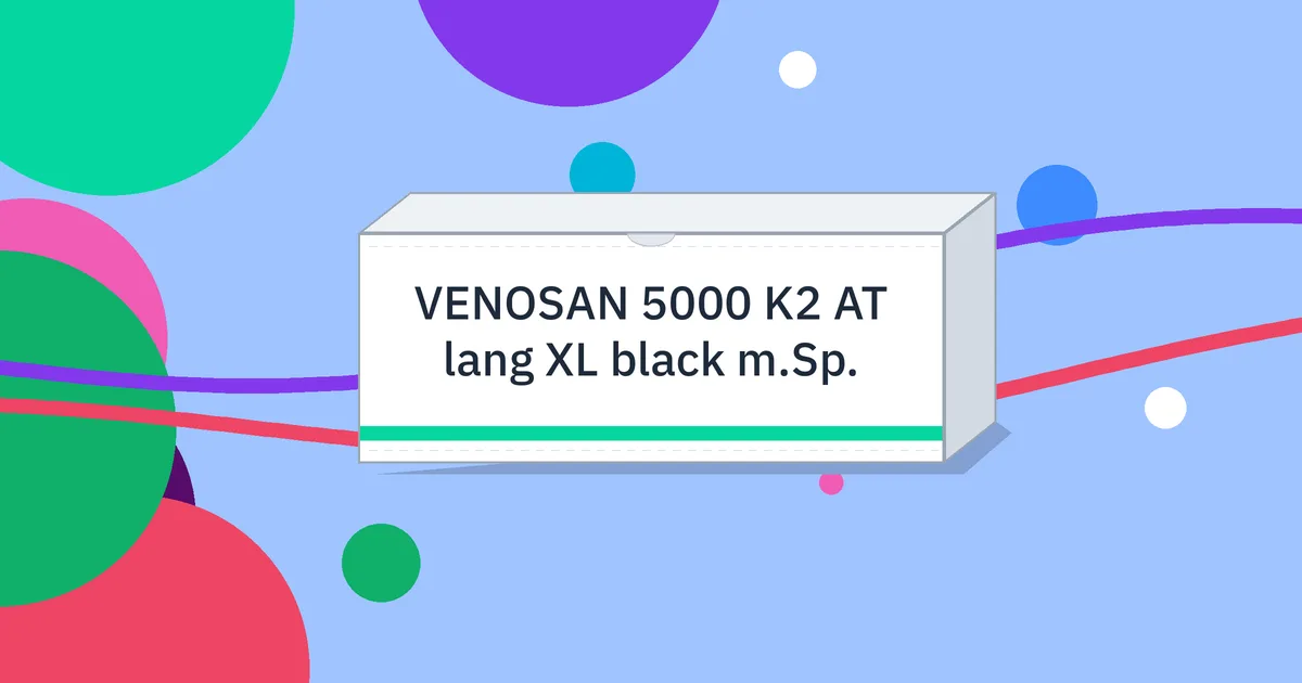 Symbolbild: Packung mit der Aufschrift VENOSAN 5000 K2 AT lang XL black m.Sp. (PZN 14433493) – Verfügbarkeit und Bezug in Apotheken in Frankfurt am Main