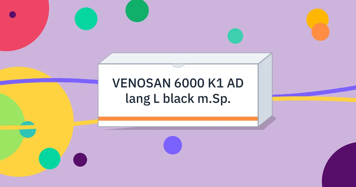 Symbolbild: Packung mit der Aufschrift VENOSAN 6000 K1 AD lang L black m.Sp. (PZN 17171349) – Verfügbarkeit und Bezug in Apotheken in Frankfurt am Main