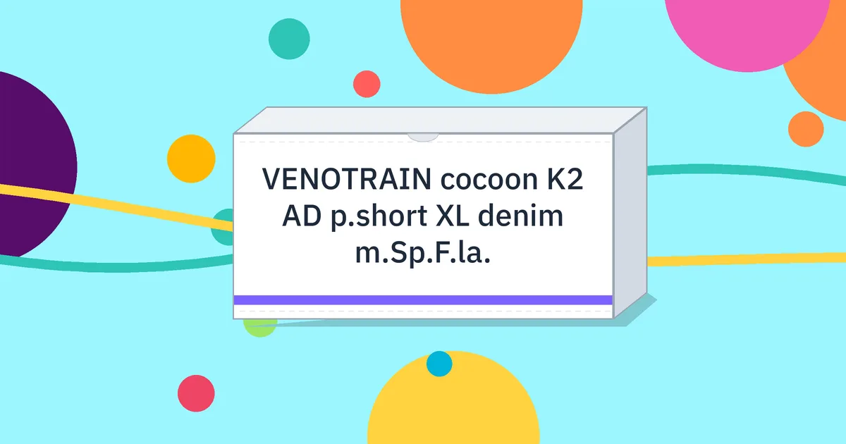 Symbolbild: Packung mit der Aufschrift VENOTRAIN cocoon K2 AD p.short XL denim m.Sp.F.la. (PZN 19199228) – Verfügbarkeit und Bezug in Apotheken in Frankfurt am Main