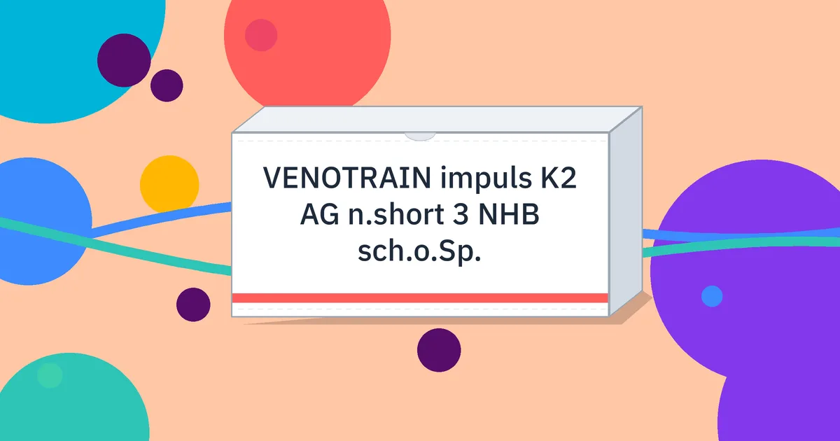Symbolbild: Packung mit der Aufschrift VENOTRAIN impuls K2 AG n.short 3 NHB sch.o.Sp. (PZN 00518139) – Verfügbarkeit und Bezug in Apotheken in Frankfurt am Main