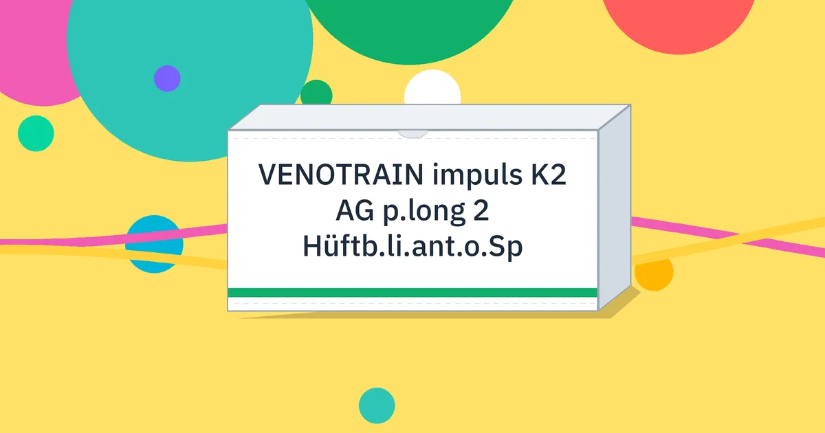 Symbolbild: Packung mit der Aufschrift VENOTRAIN impuls K2 AG p.long 2 Hüftb.li.ant.o.Sp (PZN 15219827) – Verfügbarkeit und Bezug in Apotheken in Frankfurt am Main