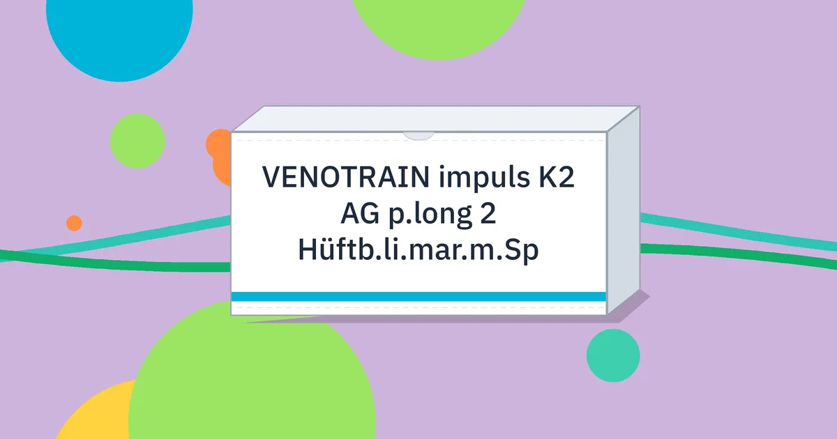 Symbolbild: Packung mit der Aufschrift VENOTRAIN impuls K2 AG p.long 2 Hüftb.li.mar.m.Sp (PZN 15218934) – Verfügbarkeit und Bezug in Apotheken in Frankfurt am Main