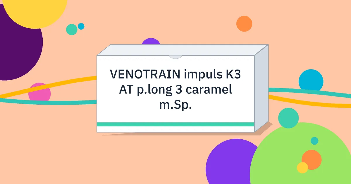 Symbolbild: Packung mit der Aufschrift VENOTRAIN impuls K3 AT p.long 3 caramel m.Sp. (PZN 19355094) – Verfügbarkeit und Bezug in Apotheken in Frankfurt am Main